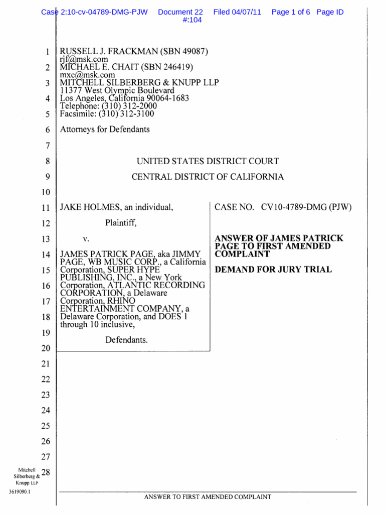 Jake Holmes 2010 'Dazed and Confused' Lawsuit - Answer of James Patrick ...