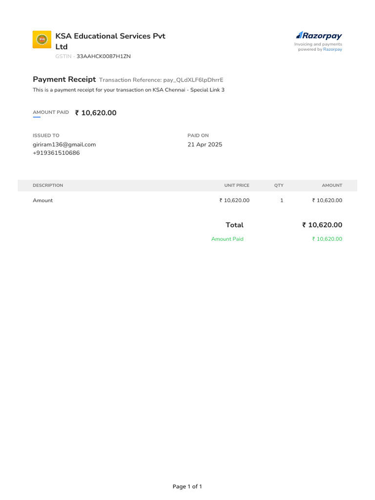 Receipt Pay - QLdXLF6lpDhrrE From KSA Educational Services PVT LTD ...
