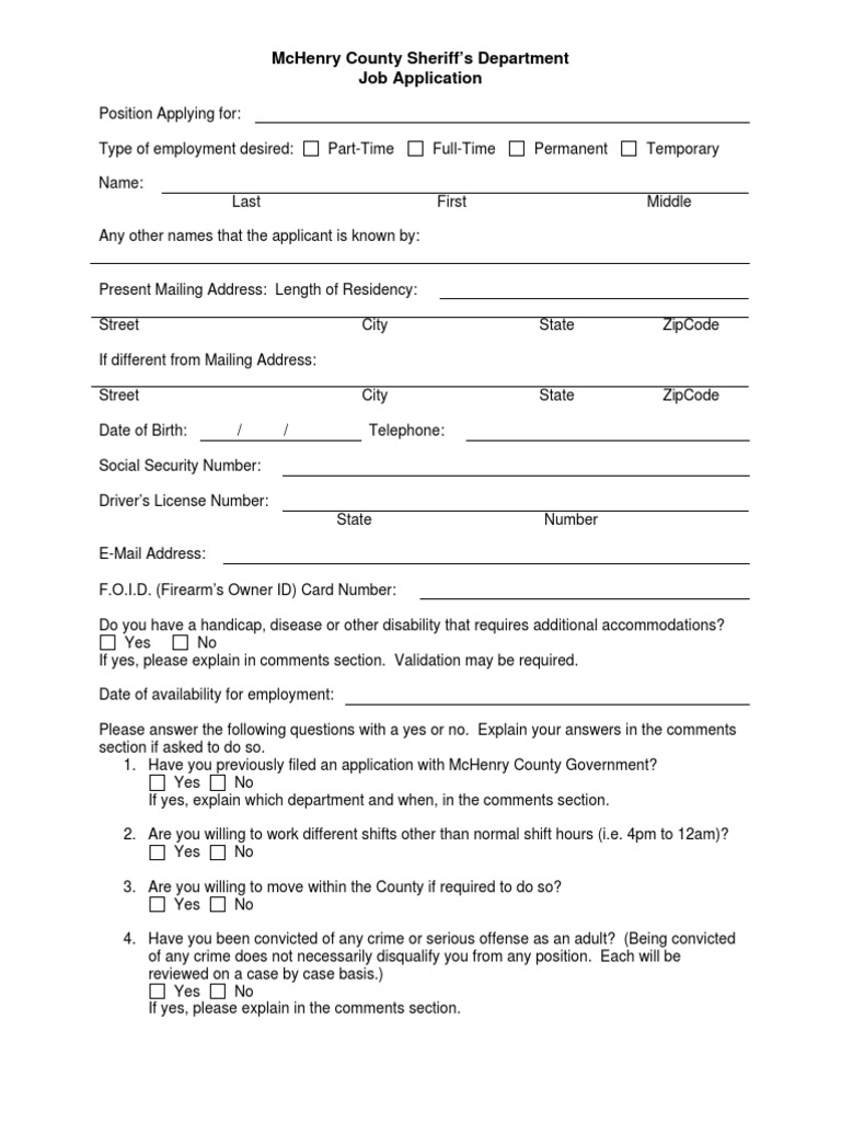 McHenry County Sheriff Job Application Form | PDF | Race And Ethnicity ...