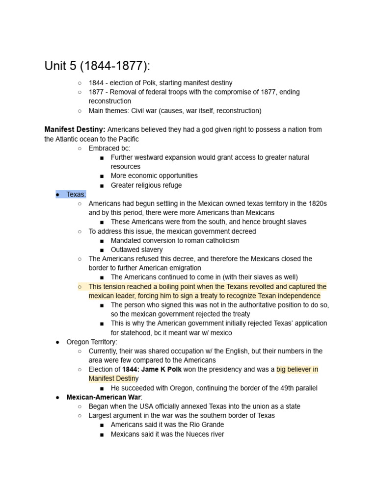 Apush Unit 5 Reveiw Notes | PDF | Confederate States Of America ...