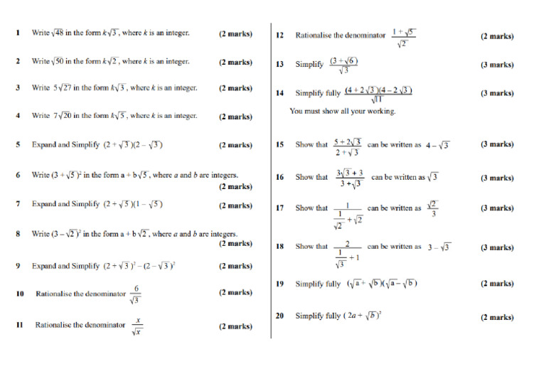 Surds Exam Question HWK | PDF