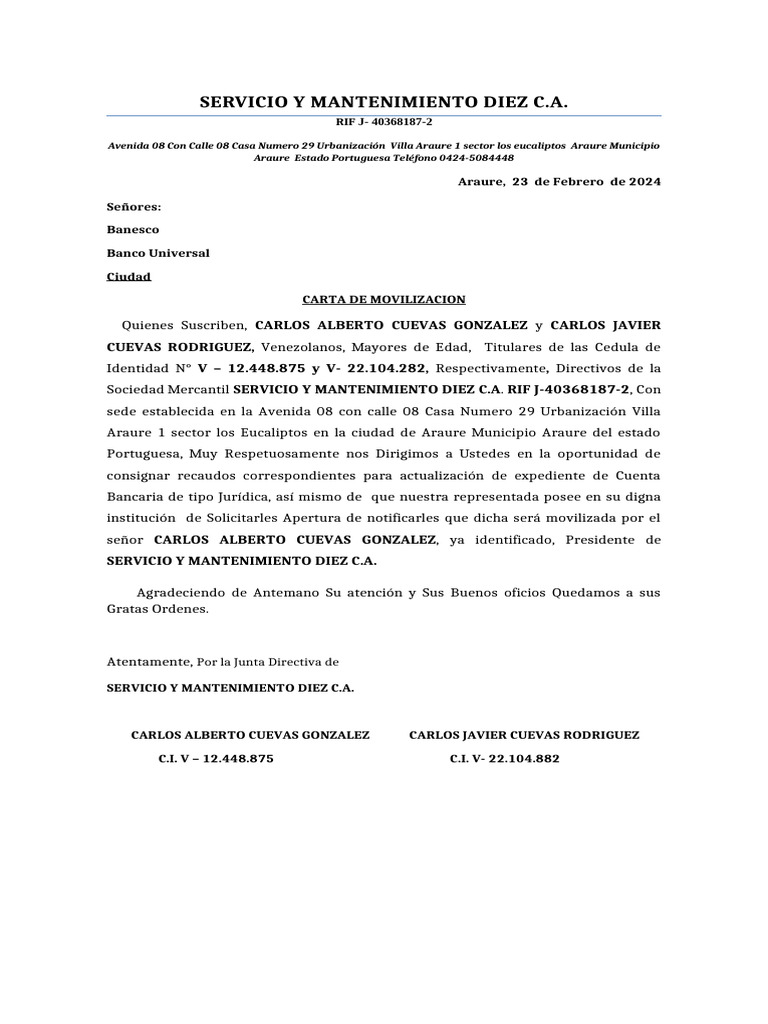 Carta de Moviizacion para Banesco Actualizacion Expediente Servicio y ...