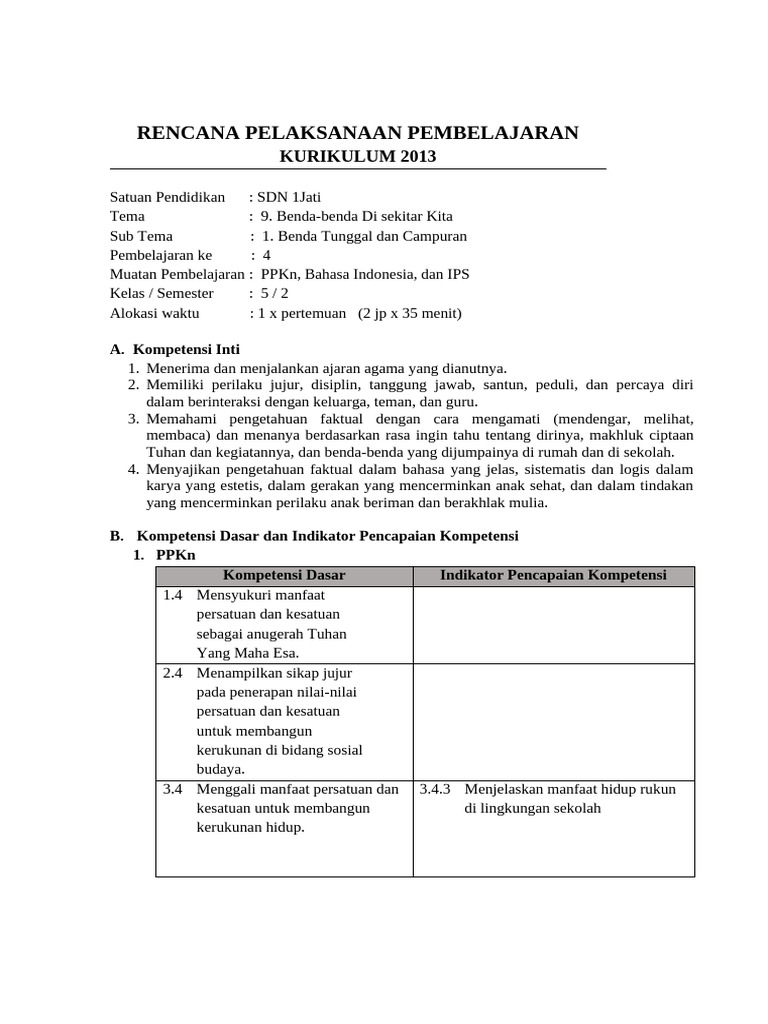 RPP Kelas V Tema 9 Subtema 1 Pembelajaran 4 | PDF