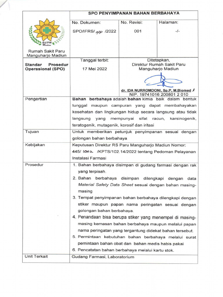 Sop Penyimpanan Bahan Berbahaya | PDF