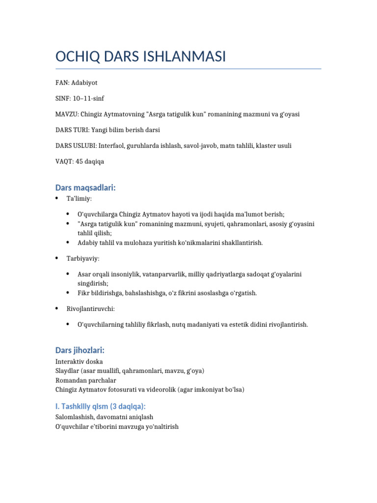 Asrga Tatigulik Kun Ochiq Dars | PDF