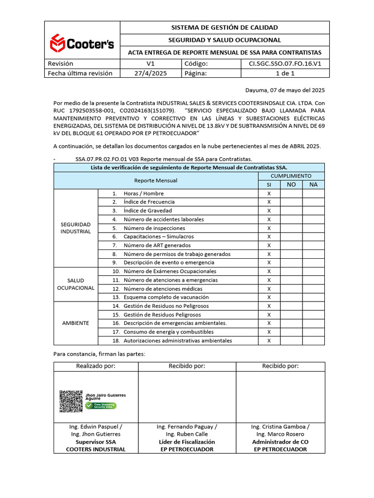 Ci SGC Sso 07 Fo 16 Acta Entrega de Reporte Mensual de Ssa para Contratistas v1 Signed | PDF