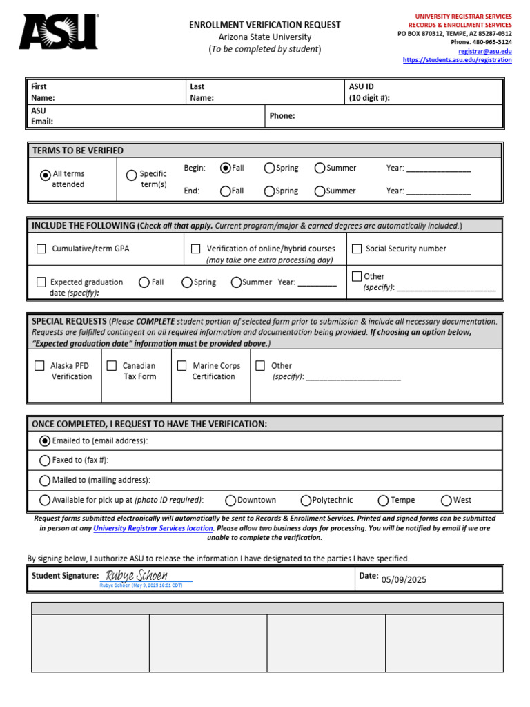 URS - Enrollment Verification Form - Encrypted | PDF | Arizona State ...