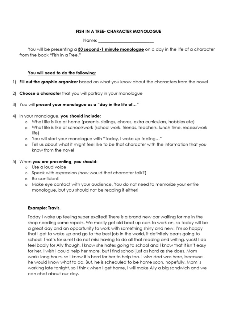 Character Monologue Guide: Fish in a Tree | PDF | Monologue