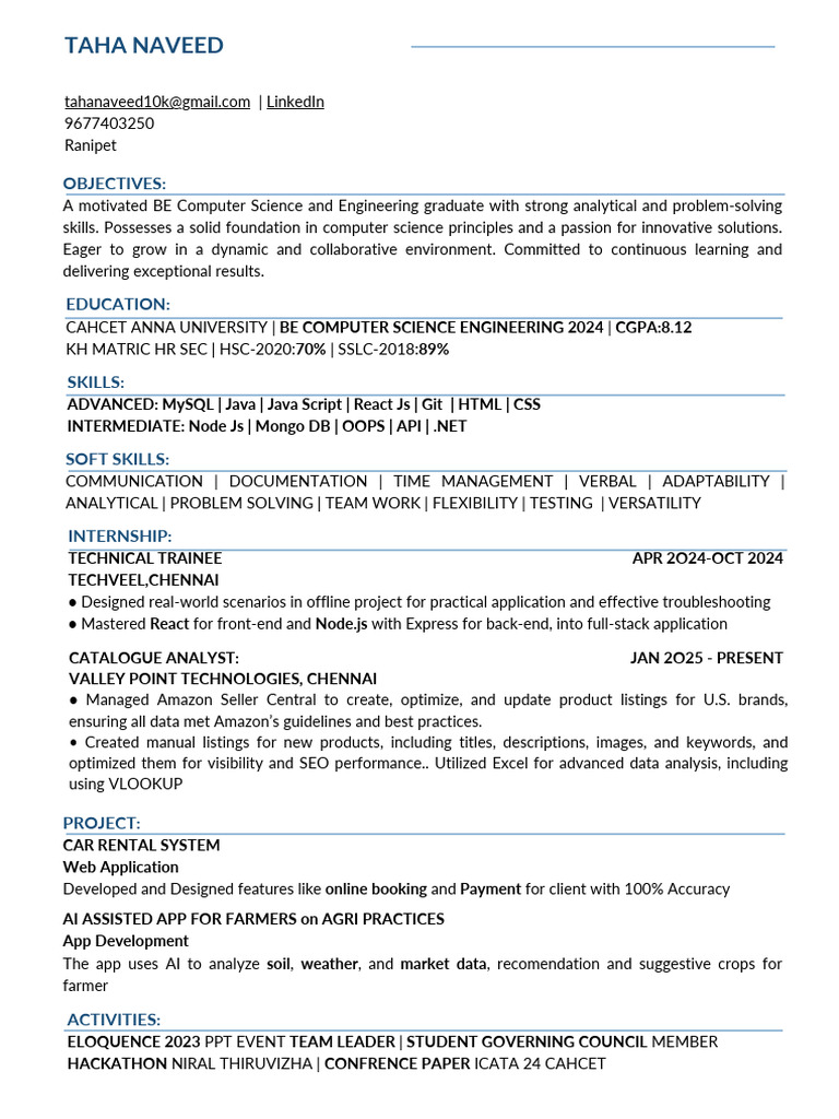 Taha BE CSE Resume | PDF