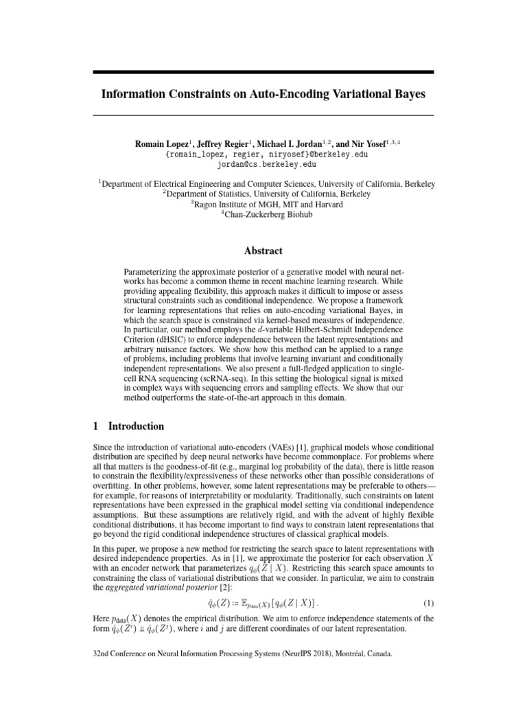 NeurIPS 2018 Information Constraints On Auto Encoding Variational Bayes Paper | PDF ...