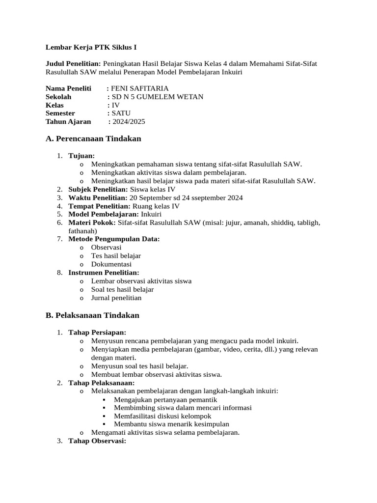 Lembar Kerja PTK Siklus I | PDF