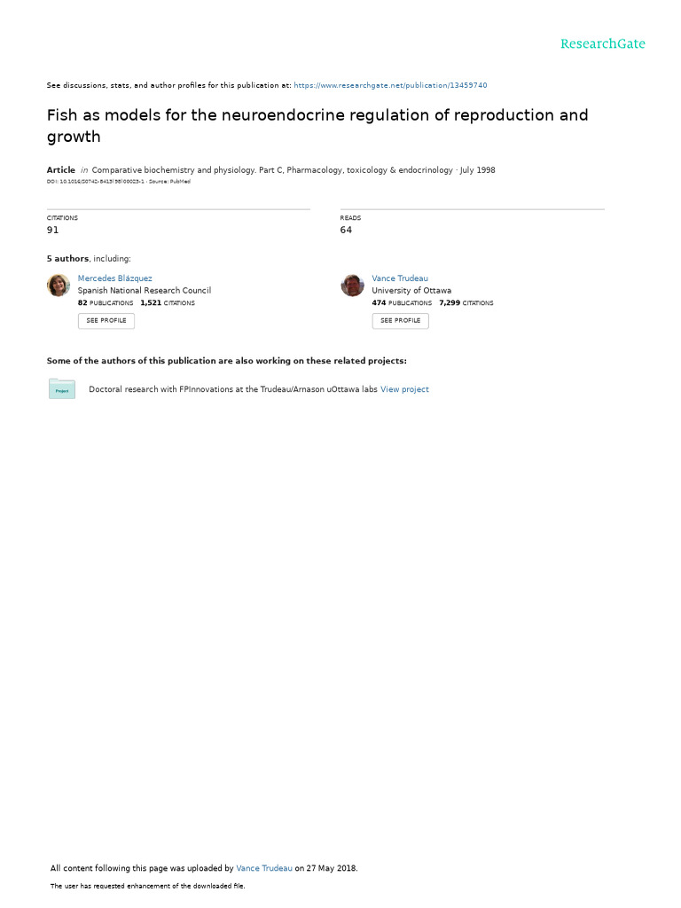 1998 Fish As Models For The Neuroendocrine Regulation of Reproduction ...