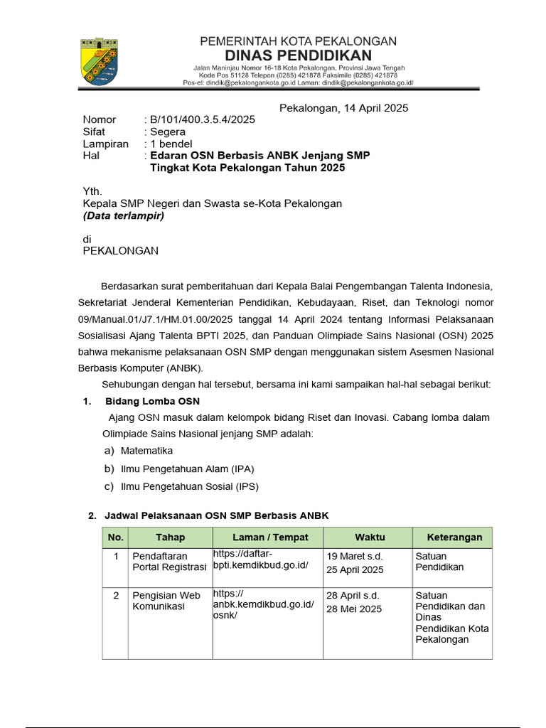 Edaran OSN Berbasis ANBK SMP 2025 | PDF