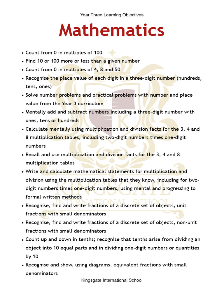 Year Three Learning Objectives | PDF | Multiplication | Numbers