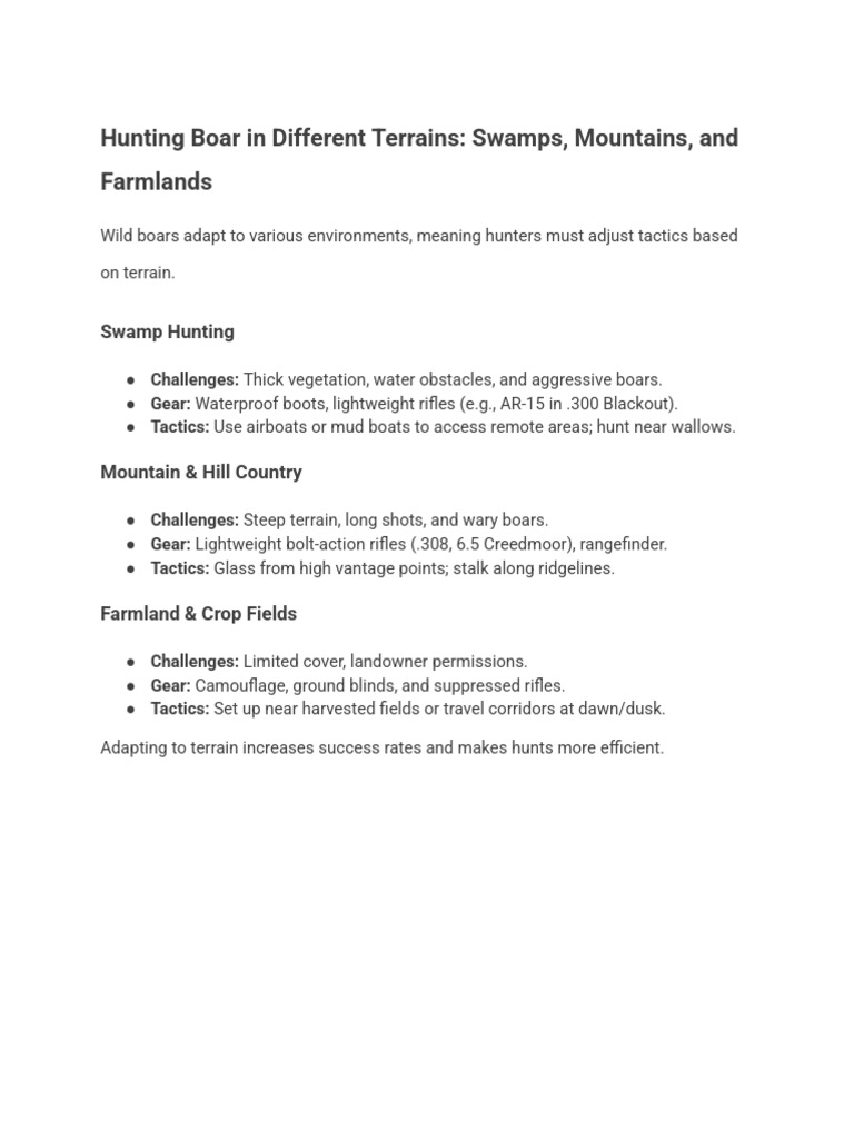 Hunting Boar in Different Terrains Swamps, Mountains, and Farmlands | PDF