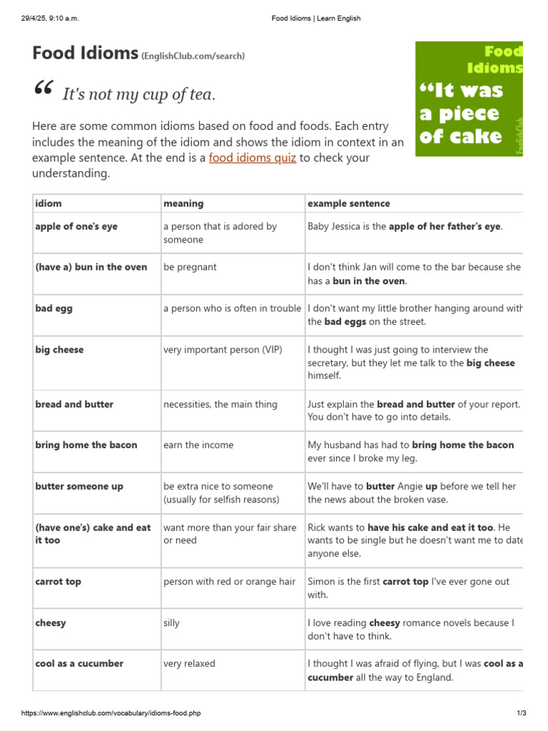 Food Idioms Learn English | PDF