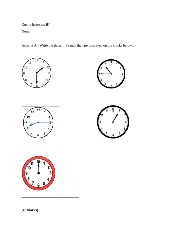 Activité sur l'heure en français | PDF