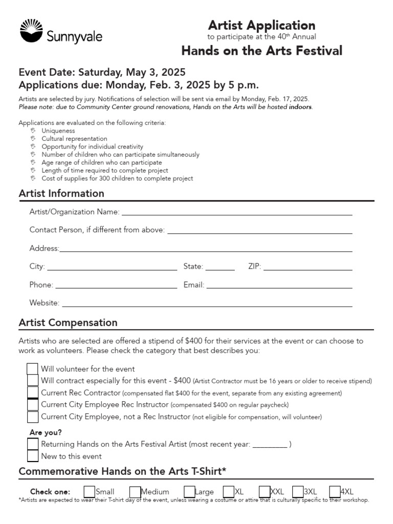 Hands on the Arts Festival Artist Application | PDF