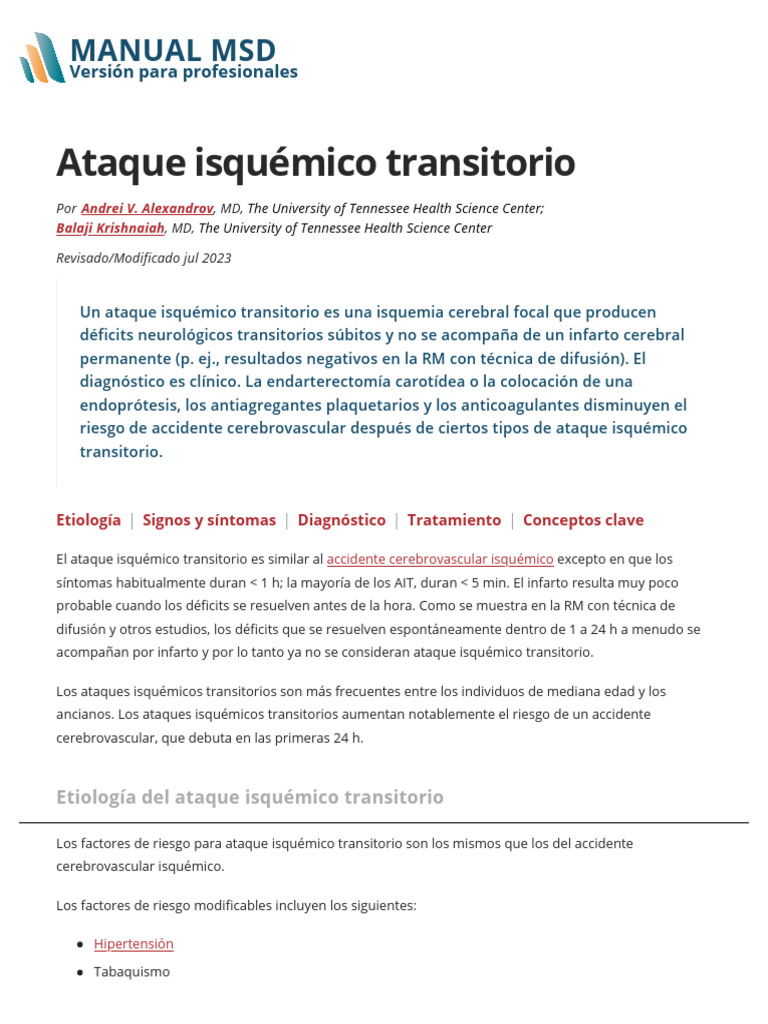 Ataque Isquémico Transitorio: Guía Completa | PDF | Carrera | Isquemia
