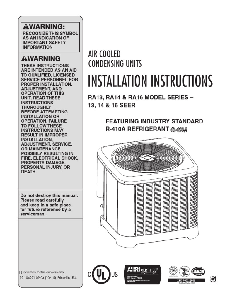 AIR COOLED CONDENSING UNITS - INSTALLATION INSTRUCTIONS | PDF ...