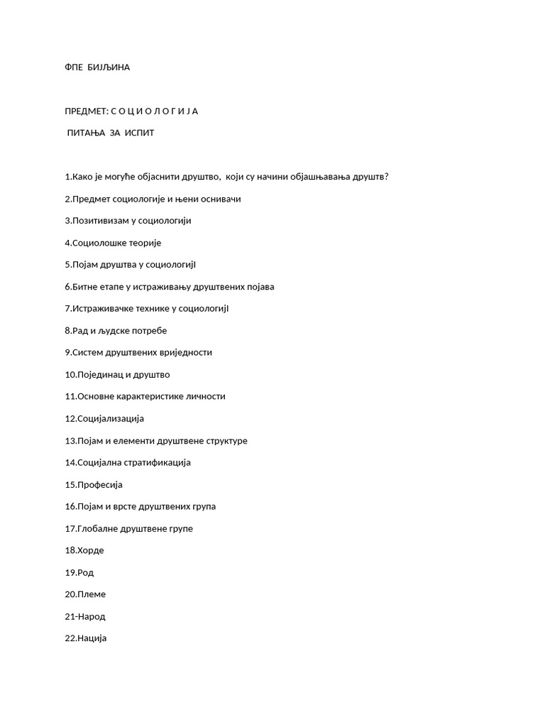 Pitanja Za Ispit Sociologija | PDF