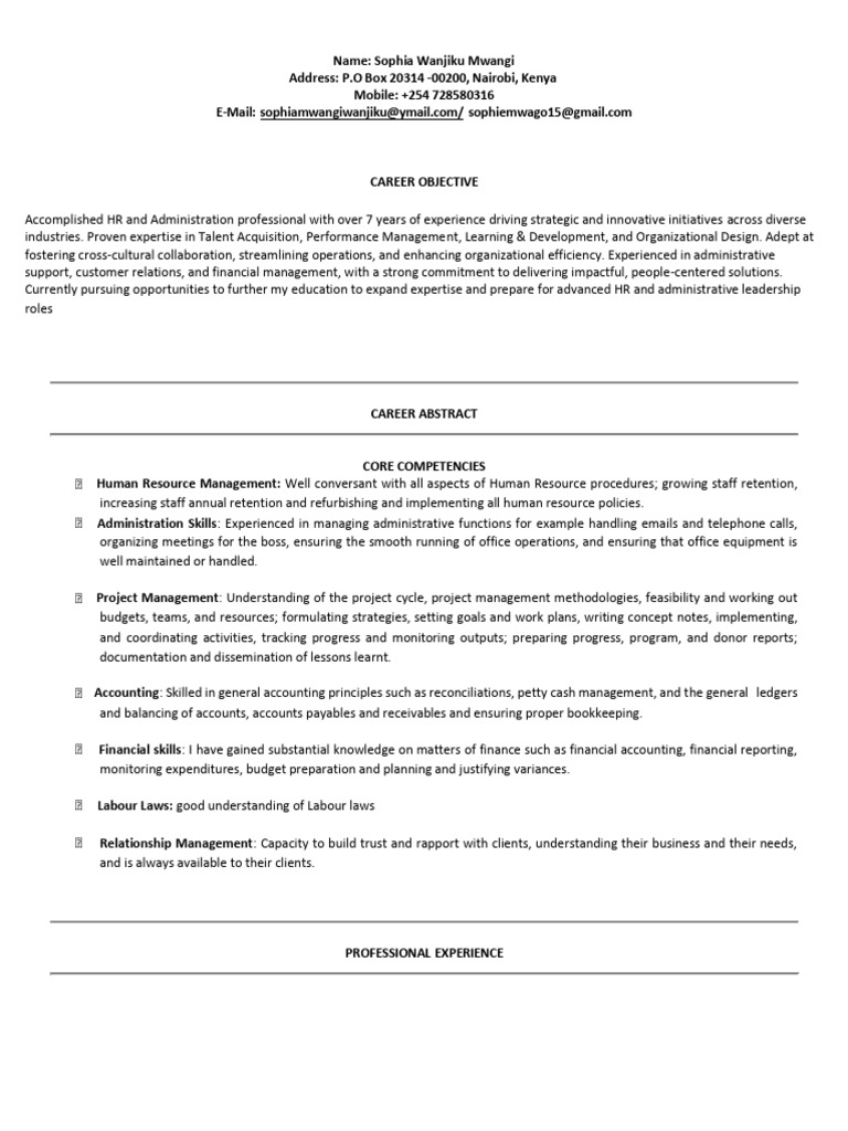 Sophia Wanjiku Mwangi CV-..25 | PDF | Human Resources | Employment