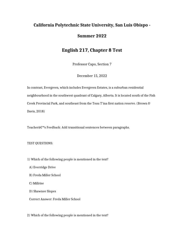 English 217 Chapter 8 Test Overview | PDF