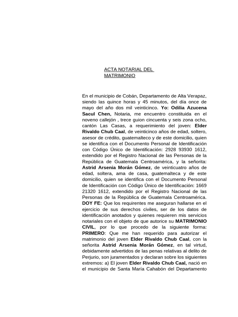 Acta de Matrimonio Borrador | PDF | Matrimonio