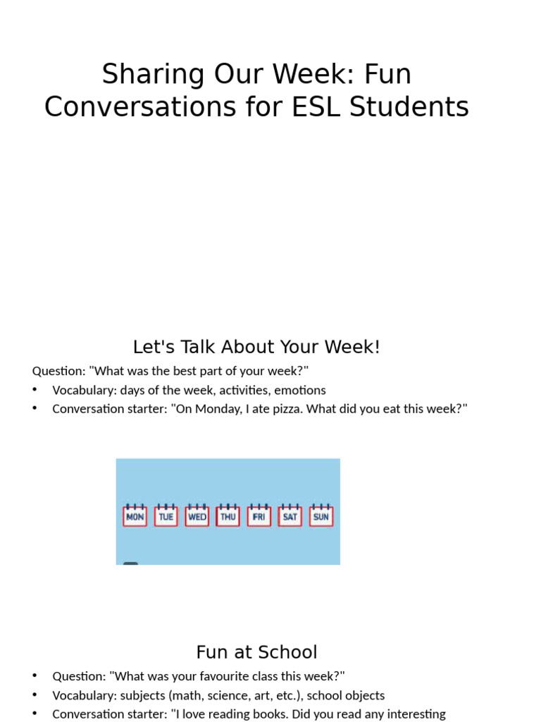 Sharing Our Week Fun Conversations For ESL Students | PDF