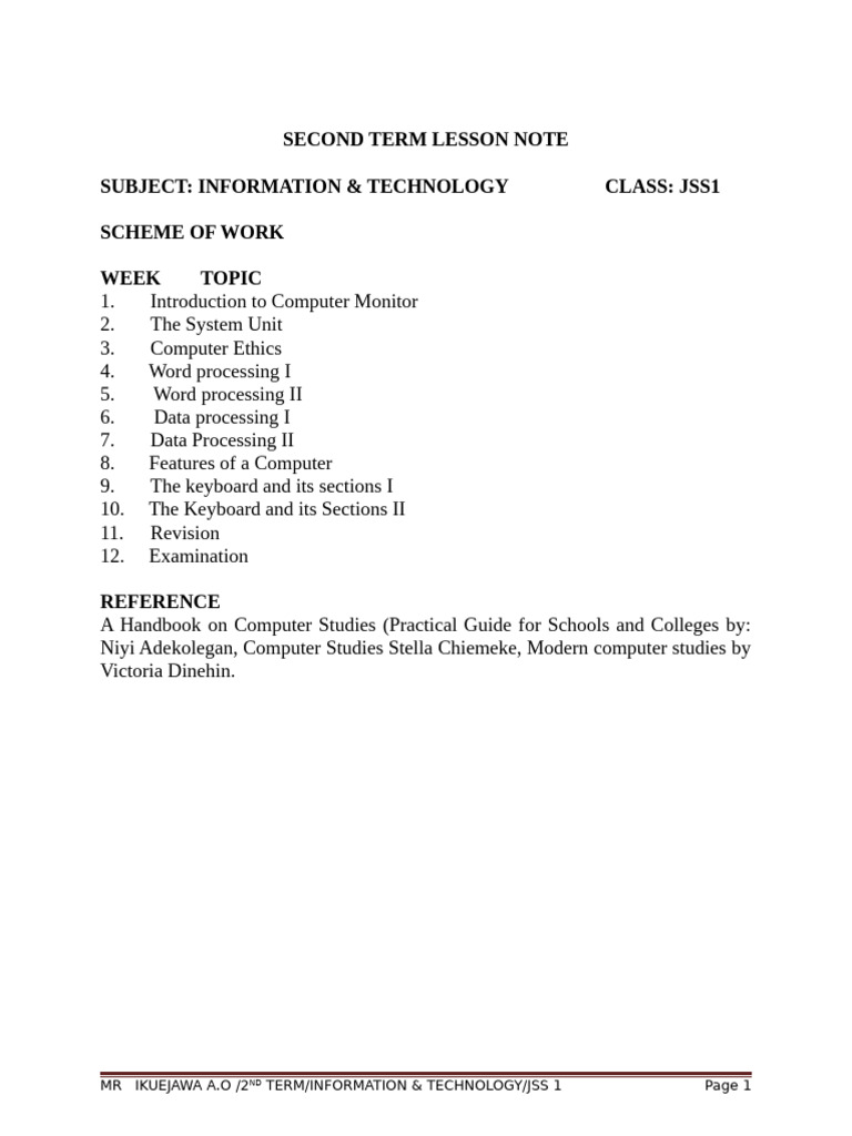 Information & Technology Second-Term-Jss1 | PDF | Computer Keyboard ...