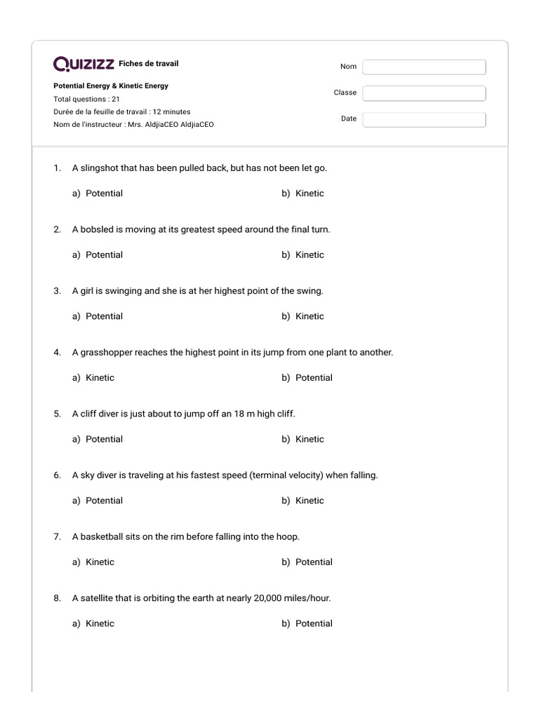 Quizizz - Potential Energy & Kinetic Energy | PDF | Potential Energy ...