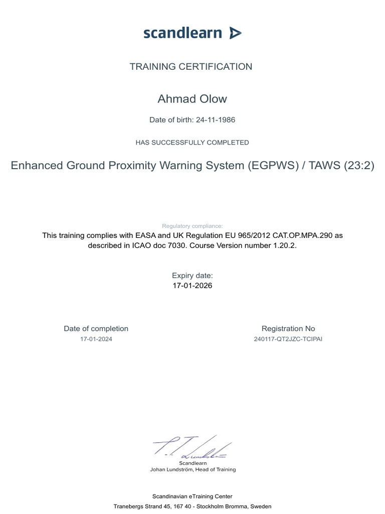 Certification Enhanced Ground Proximity Warning System Egpws Taws 232 ...