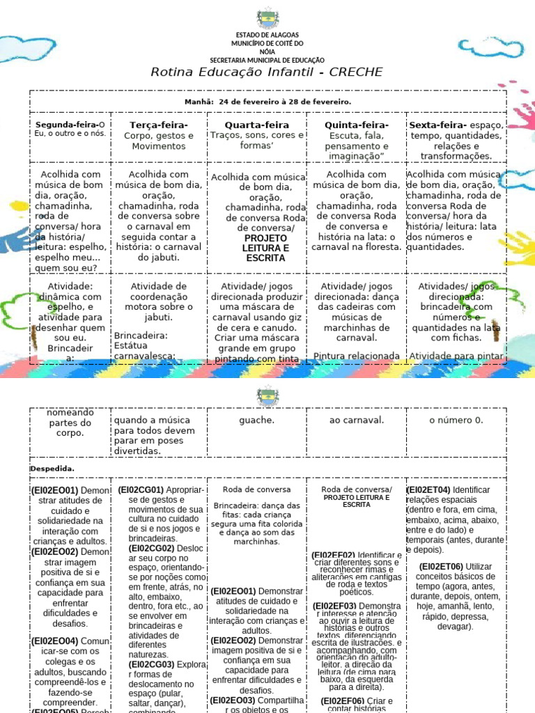 Rotina de Atividades na Creche Alagoas | PDF