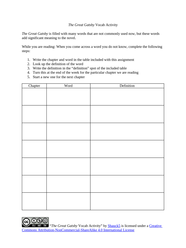 The Great Gatsby Vocab Activity | PDF
