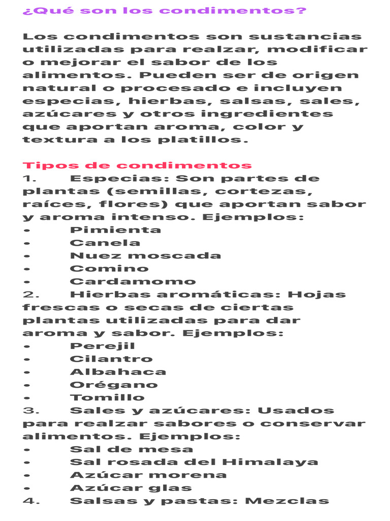¿Qué Son Los Condimentos? | PDF | especia | Salsa