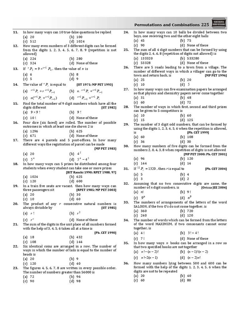 6 1 Permutations And Combinations Questions Part 1 Pdf Mathematics