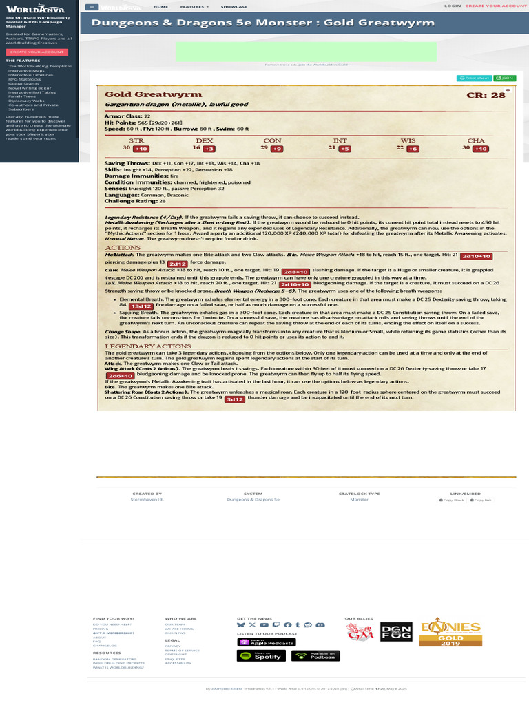 Gold Greatwyrm - Monster - Dungeons & Dragons 5e - Statblocks & Sheets - World Anvil | PDF ...