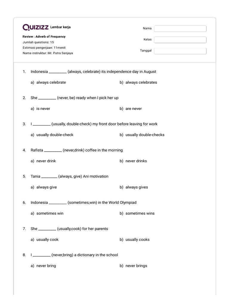 Adverb of Frequency Practice Quiz | PDF