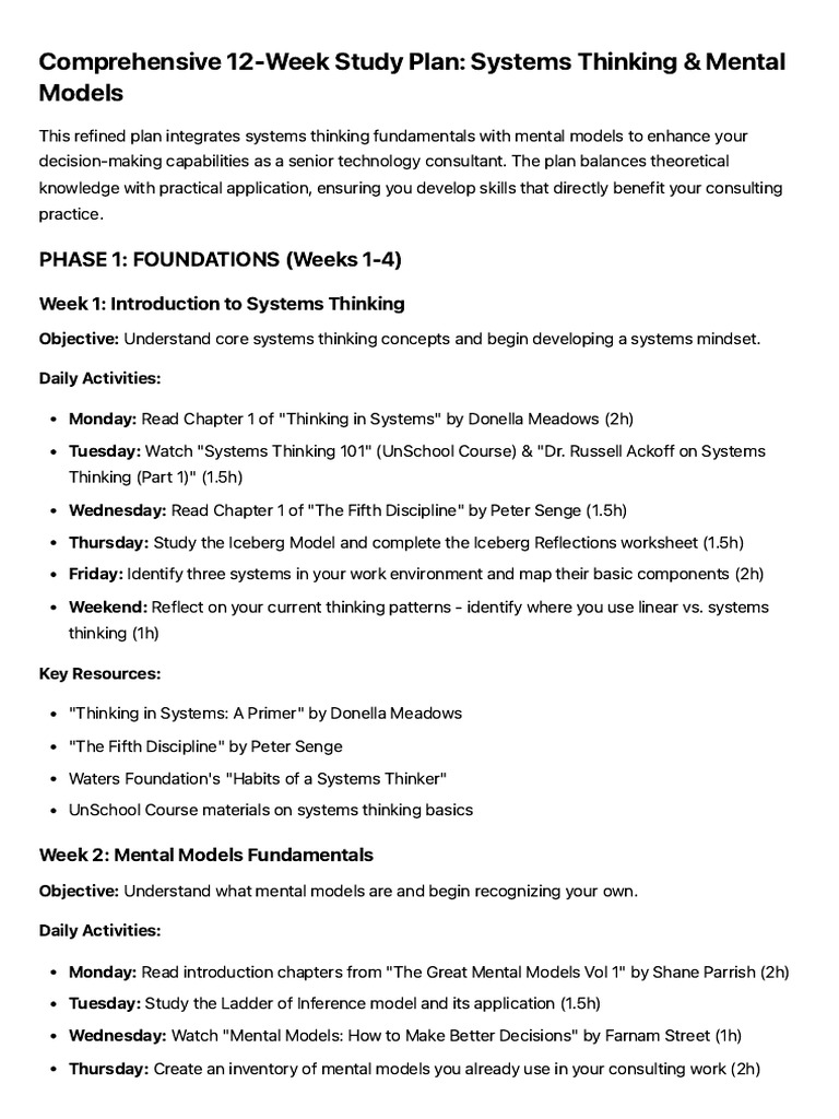 12-Week Study Plan For Systems Thinking and Mental Models | PDF ...