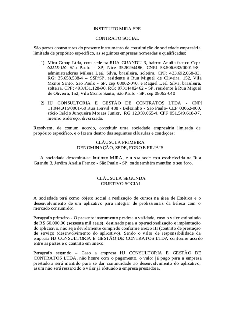1MIRA - Contrato de Sociedade - CORRIGIDO 2 Assinado | PDF | Balancete