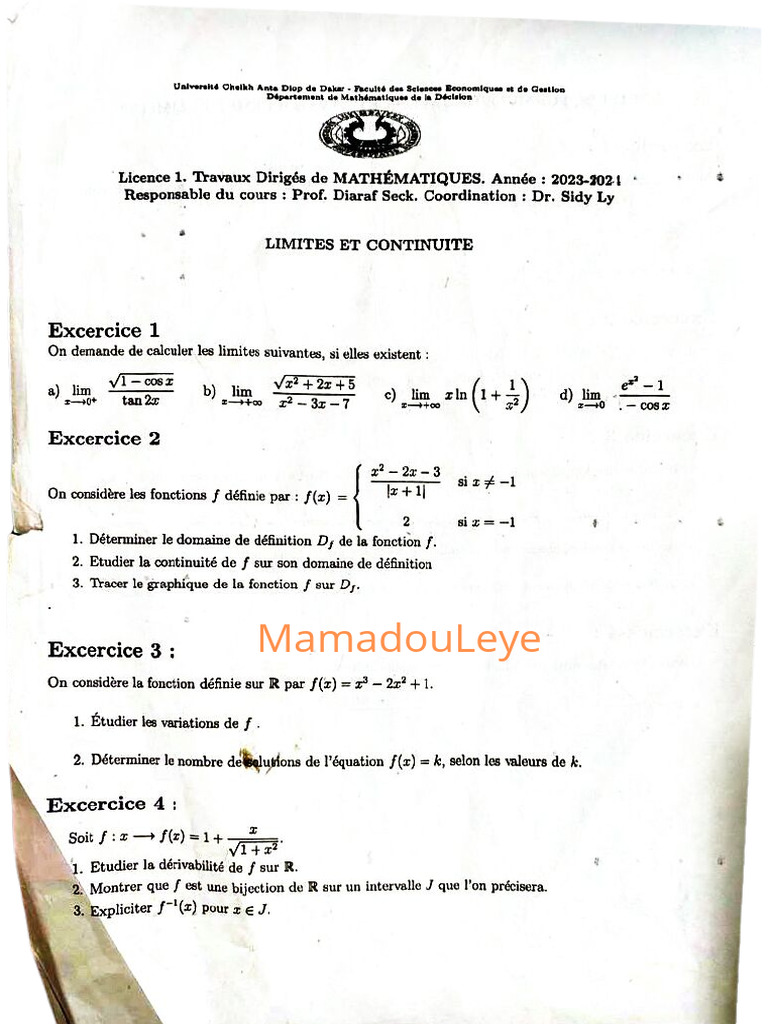 MamadouLeye TD MATHS + Corr 2023 - 2024 L1-s1 | PDF