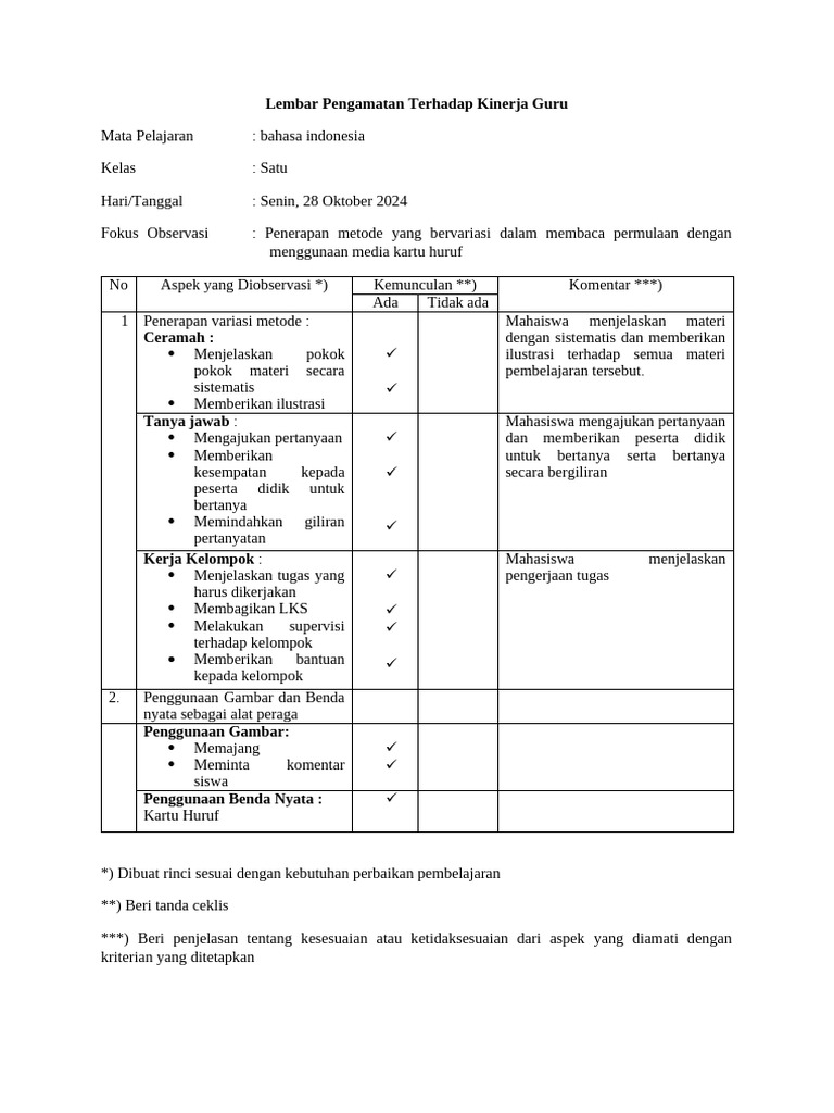 Lembar Pengamatan Terhadap Kinerja Guru | PDF