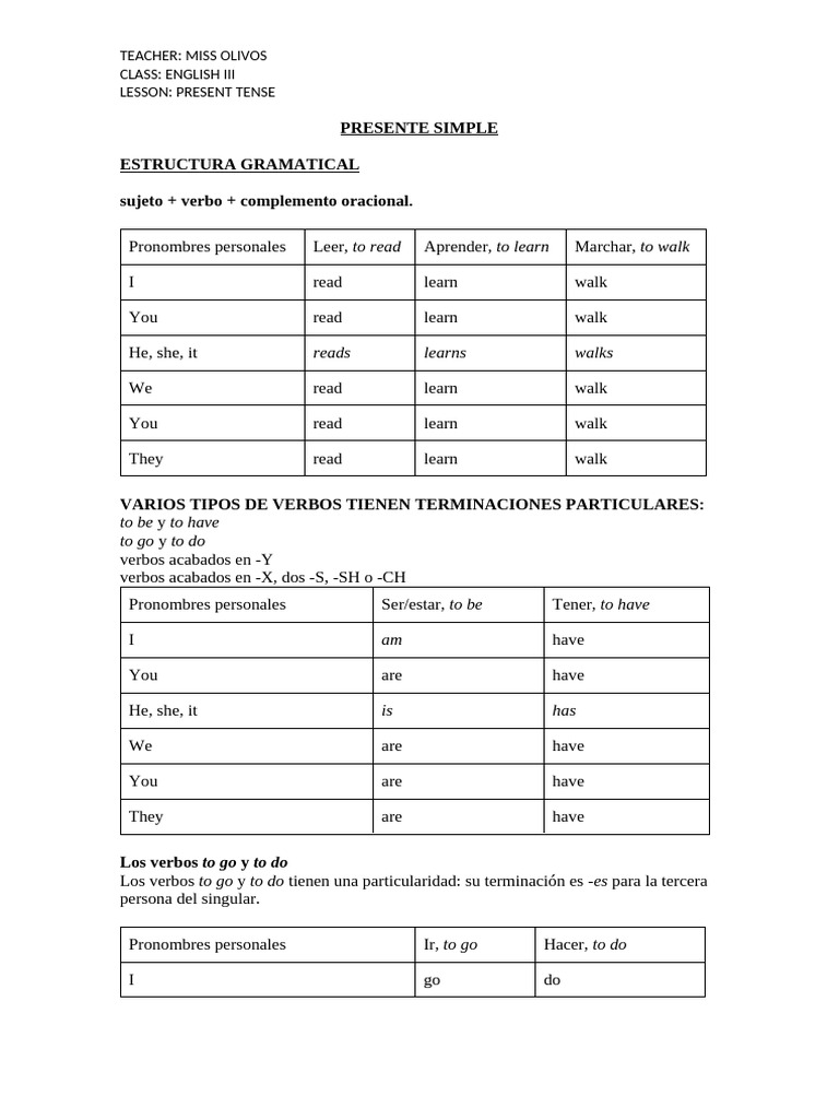 Presente Simple - e III Aff, Neg - Questions | PDF | Verbo | Relaciones sintácticas