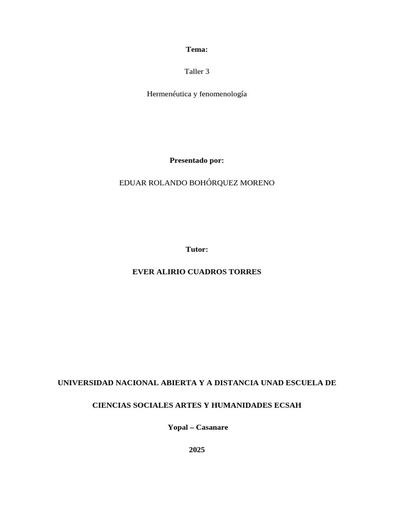 Taller 3 Hermenéutica y Fenomenología | PDF | Fenomenología (filosofía) | Hermenéutica