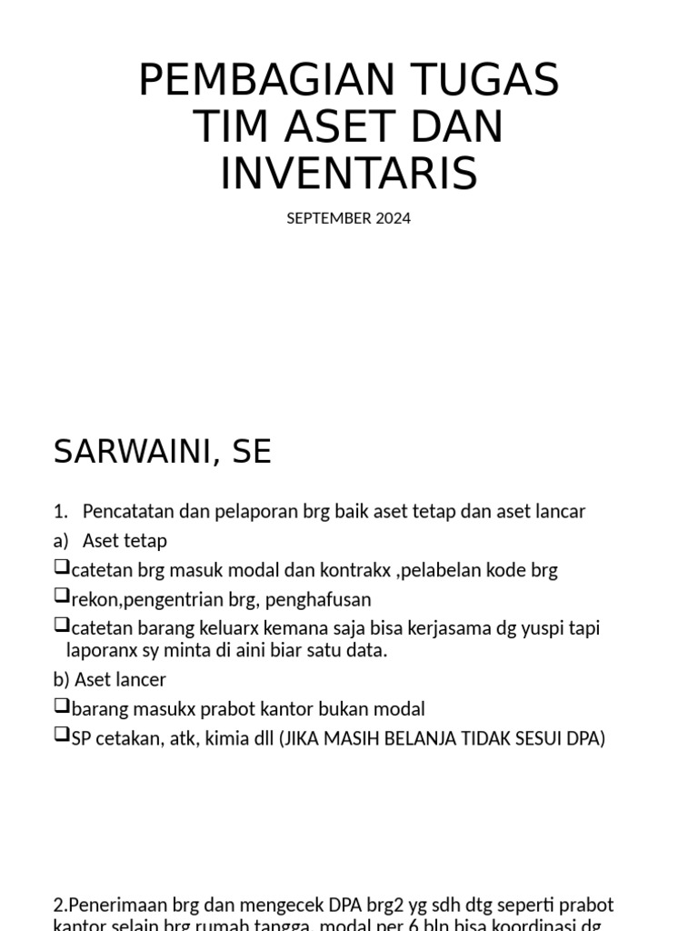 Pembagian Tugas Tim Aset Dan Inventaris Sep 2024 | PDF
