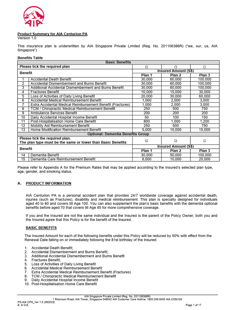 AIA Centurion PA Product Summary | PDF | Insurance | Vertebra