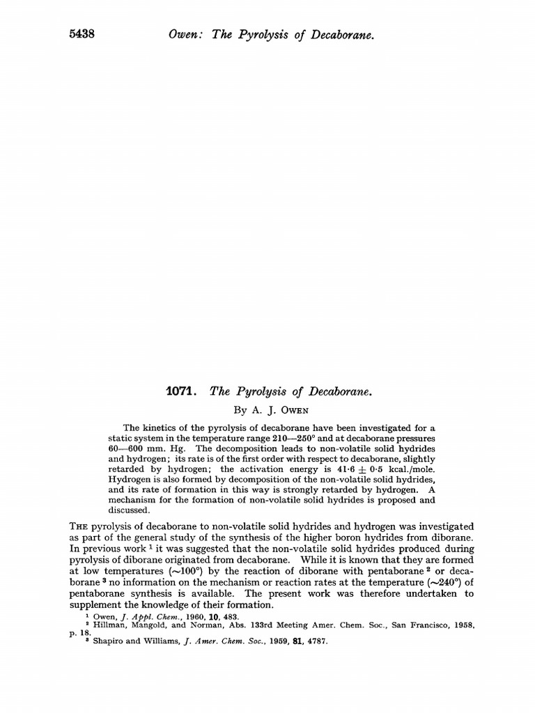 The Pyrolysis of Decaborane. Journal of The Chemical Society (Resumed ...