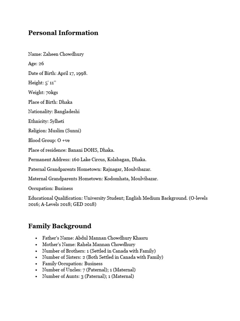 Zaheen - Personal Information | PDF