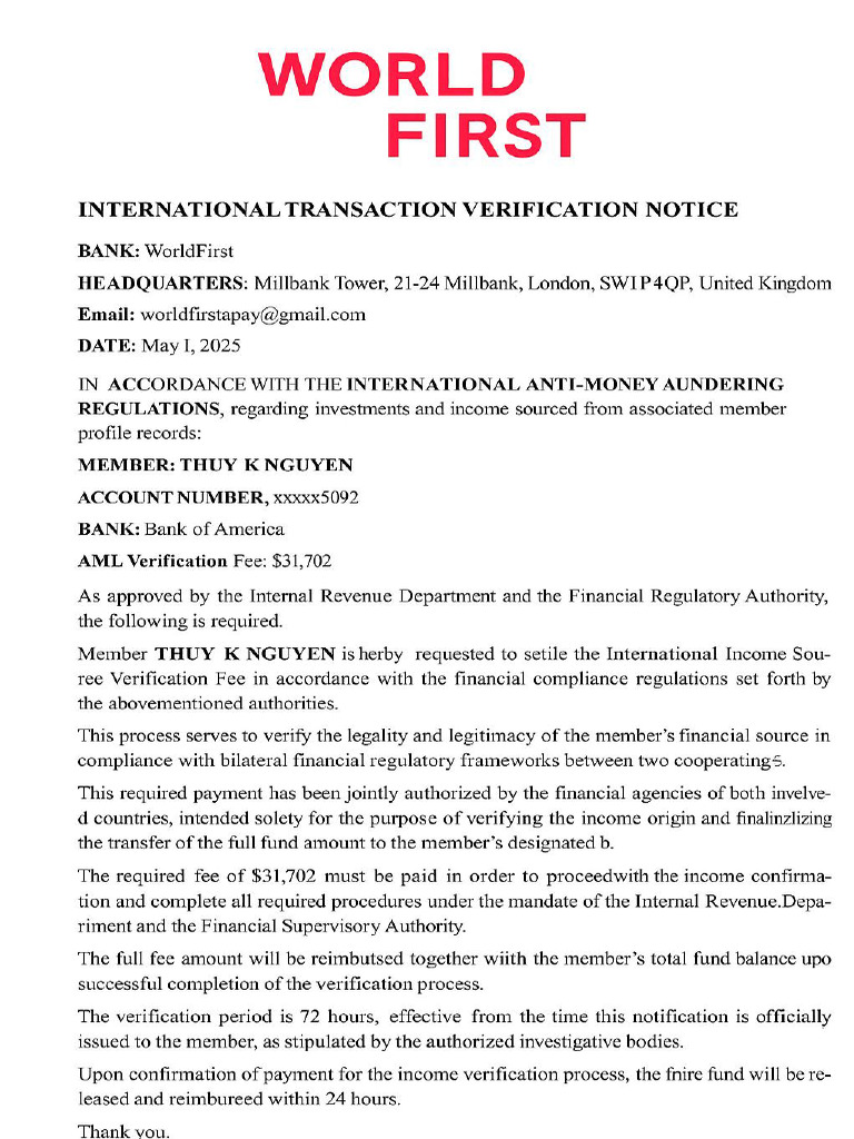 International Transaction Verification Notice Final | PDF