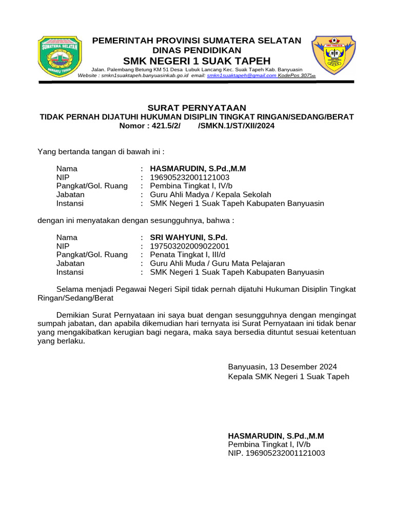 Surat Pernyataan Disiplin PNS SMK Suak Tapeh | PDF